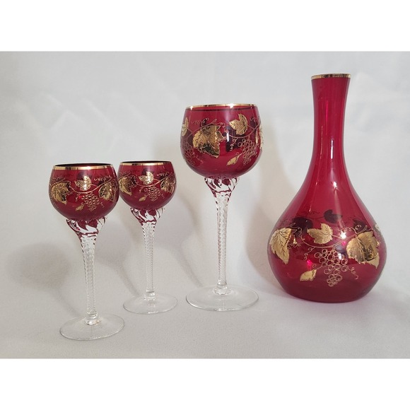 Unmarked | Dining | Bohemian Ruby Red Gold Trim Glasses With Gold Grape ...
